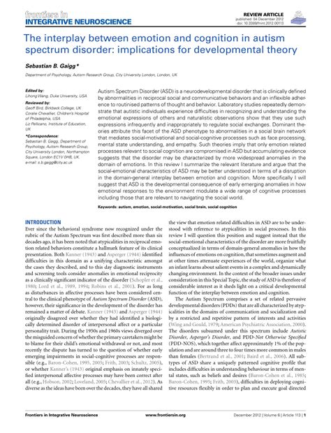 Pdf The Interplay Between Emotion And Cognition In Autism Spectrum Disorder Implications For