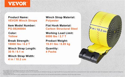 Vevor Winch Straps 4 X 30 6000 Lbs Load Capacity 18000 Lbs Break