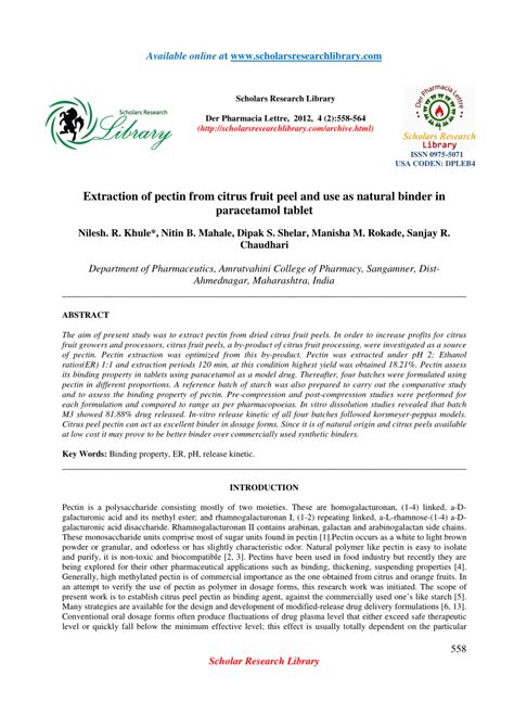 Pdf Extraction Of Pectin From Citrus Fruit Peel And Use As Natural Binder In Paracetamol Tablet