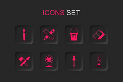 페인트 스프레이 십자형 눈금자와 연필 브러시 스포이드 색상 선택기 팔레트 지우개 고무 깃털 잉크병 양동이 및 아이콘을 설정합니다