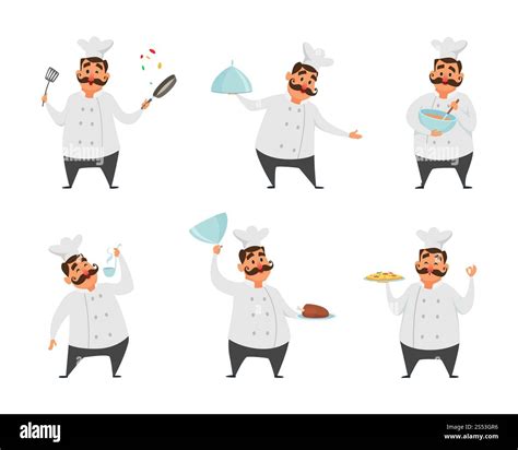 Funny Characters Of Chef In Action Poses Vector Illustrations In Cartoon Style Chef Cartoon