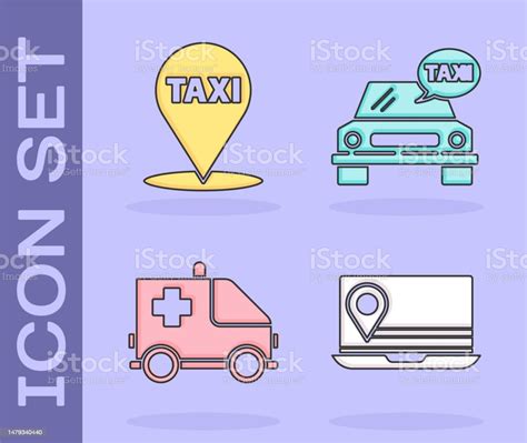 위치 마커가 있는 노트북 택시 구급차 및 긴급 차량이 있는 지도 포인터 택시 자동차 아이콘을 설정합니다 벡터 건강 진단에 대한 스톡 벡터 아트 및 기타 이미지 Istock