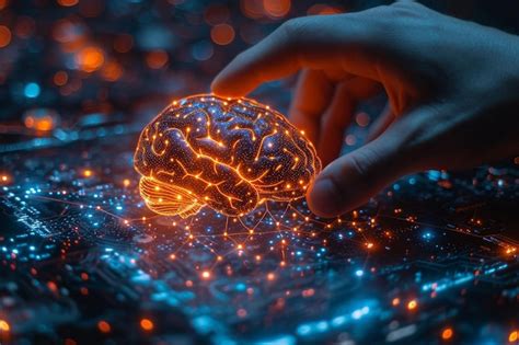Premium Photo Human Hand Reaches For Brain On Technological Background