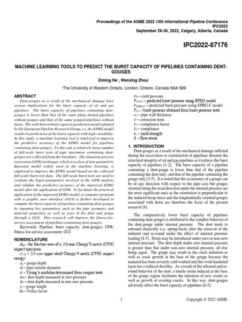 Ipc2022 87176 Machine Learning Tools To Predict The Burst Capacity Of Pipelines Containing