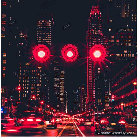 Ai创作图夜景交通信号灯 智能城市装饰画 现代城市光晕 城市光晕背景 城市未来光速科技 城市建设串串红灯 赛博朋克底纹 红色智慧城市 夜晚城市红绿灯路口 城市红灯路口 交通背景画面 城市交叉路