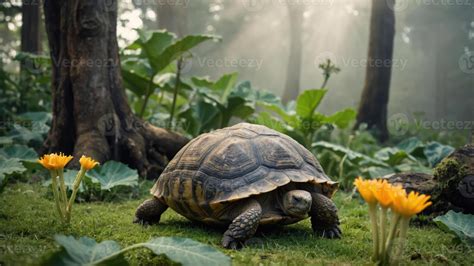 A Tortoise In A Serene Forest Setting Surrounded By Flowers And