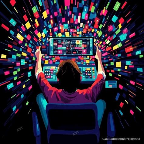 Ai创作图科技男插画 人物编程插画 加班程序员 插画与科技 科技原创插画 程序员生活 程序员工作室 科技感插画 科技插画设计 浸式体验的数据世界 前端程序员 科技时代电脑光速 科技扁平插画