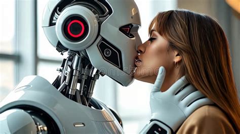 A Woman Romantically Kissing A Humanoid Robot Symbolizing The Fusion Of Technology And Human