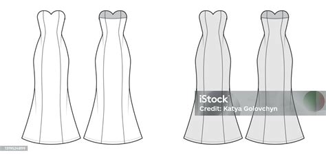 스트랩리스 연인 네크라인 몸에 맞는 바디 맥시 길이 원형 스커트가 돋보이게 하는 트럼펫 테크니컬 패션 일러스트 0명에 대한 스톡 벡터 아트 및 기타 이미지 Istock