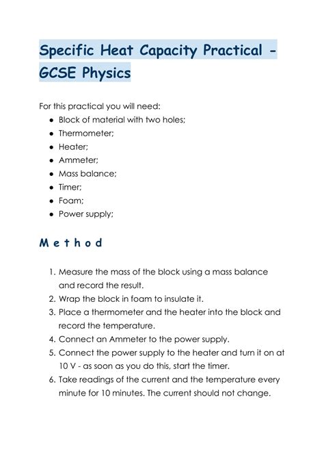 Gcse Physics Combined Science Specific Heat Capacity Practical Summary Sheet Achieved 8 8
