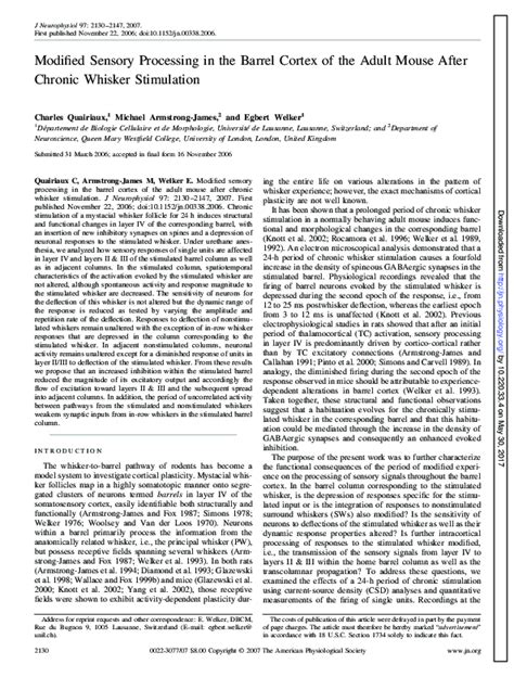 Pdf Modified Sensory Processing In The Barrel Cortex Of The Adult Mouse After Chronic Whisker