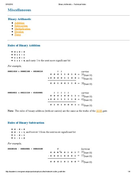 Binary Arithmetic Technical Notes Addition Subtraction