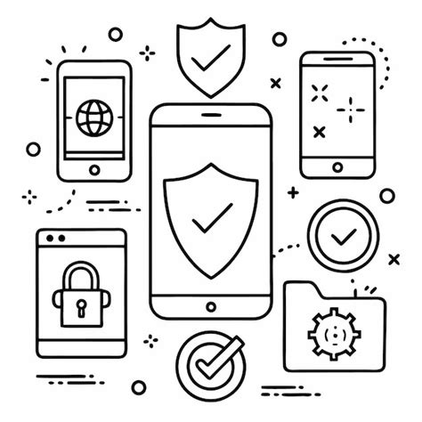 Line Art Mobile Security Concept With Icons Of Shield Lock Checkmark Gear And Globe Premium Ai