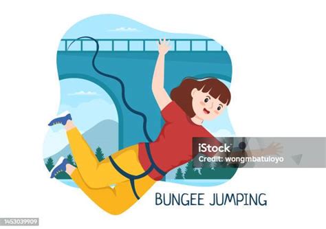 평평한 만화 익스트림 스포츠 벡터 템플릿의 높이에서 점프하는 탄성 밧줄을 착용한 사람이 떨어지는 번지 점프 그림 교량에 대한 스톡 벡터 아트 및 기타 이미지 Istock