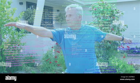 Image Of Computer Language Over Senior Caucasian Man Stretching Hands In Lawn At Home Stock