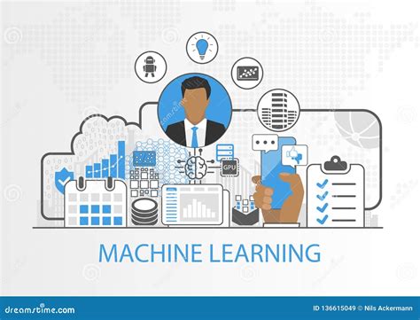 Machine Learning Vector Illustration With Business Man And Icons Stock Vector Illustration Of