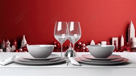 단색 빨간색 방에 설정된 축제 크리스마스 저녁 식사 테이블 와인잔과 배경을 사용한 3d 렌더링 설정 배경 리스 배경 식사 배경 이미지 Hd 설정 리스 식사 배경