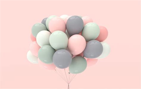 분홍색 배경에 파스텔 색 풍선의 무리 생일 파티 홍보 소셜 미디어 배너 포스터를위한 빈 공간 3d 렌더 풍선 0명에 대한 스톡