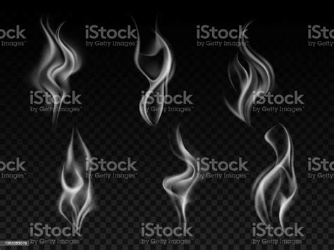 사실적인 연기 스트림 다른 모양은 스트림 소용돌이 3d 고립 된 투명 효과 곡선 파도 흐름 눈에 보이는 냄새 증발 및 불타는