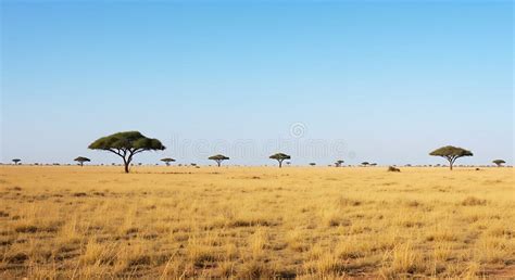 Sparse Trees Dot A Golden Grassland Under A Clear Blue Sky Stock