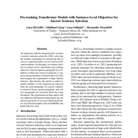 Pre Training Transformer Models With Sentence Level Objectives For Answer Sentence Selection