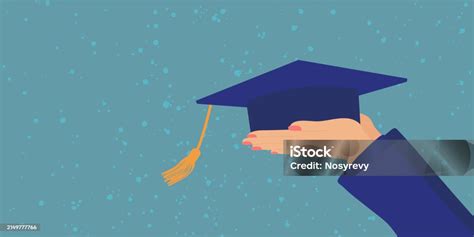 컬러 배경 복사 공간에 졸업 모자를 들고 있는 여성 손 벡터 일러스트 레이 션 2024년에 대한 스톡 벡터 아트 및 기타 이미지 2024년 2025년 고등학교 이하