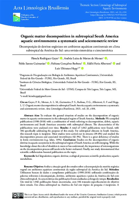 Pdf Organic Matter Decomposition In Subtropical South America Aquatic Environments A
