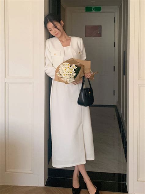 리리앤코 1천장 돌파 44 120 프리미엄원단하이퀄리티몸매보정♥ 베니안드 트위드 금장단추 자켓 스퀘어넥 트임 롱