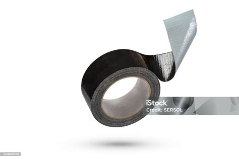 흰색 배경에 격리된 검은색 접착 테이프 롤 강화 된 검은 색 덕트 테이프가 떨어지고 그림자가 드리 웁니다 전기 테이프의 풀림 롤
