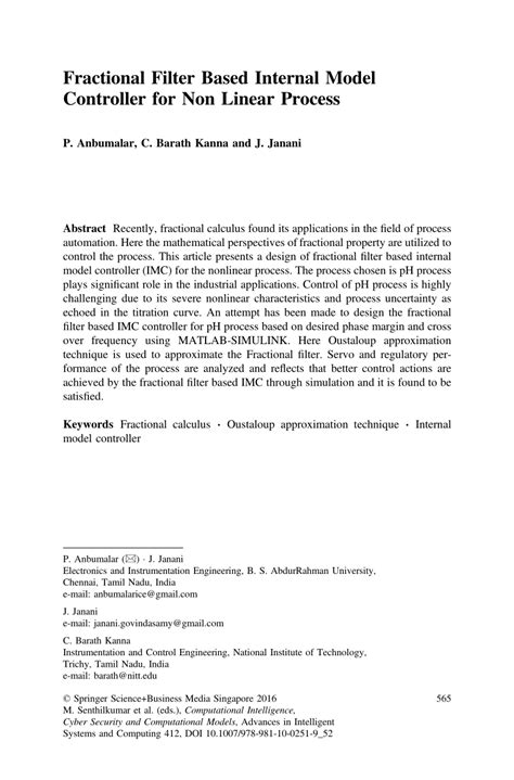 Pdf Fractional Filter Based Internal Model Controller For Non Linear Process