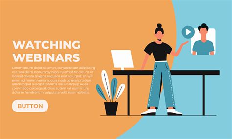 웨비나 시청 온라인 학습 가상 교육 원격 교육 웨비나에 참여하는 여성의 평면 벡터 그림 디지털 학습 전자 학습 플랫폼 Brand Name Online Messaging