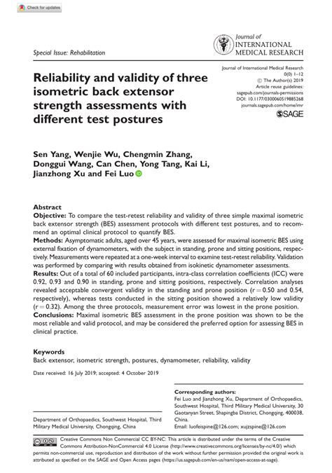 Pdf Reliability And Validity Of Three Isometric Back Extensor Strength Assessments With