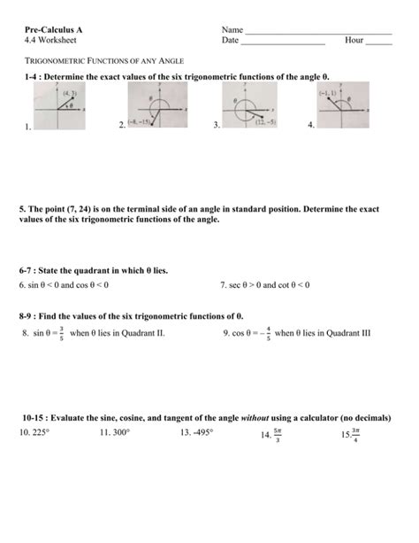 Pre Calculus Trigonometry Worksheet Angles Functions