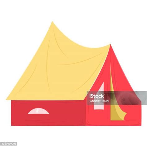 캠핑 하이킹 스포츠 외부 여행을위한 대형 텐트 레크리에이션을위한 노란색 빨간색 텐트 벡터 아이콘 플랫 만화 격리
