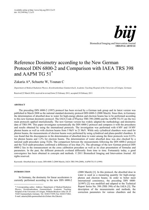 Pdf Reference Dosimetry According To The New German Protocol Din 6800 2 And Comparison With
