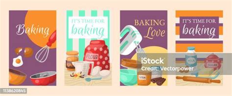 베이킹 시간 배너의 사랑 세트 주방 용품 베이킹 재료는 설탕 바닐라 밀가루 오일 버터 베이킹 소 다 베이킹 파우더 꿀 계란을 설정 합니다 요리 벡터 일러스트입니다 가정