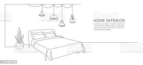 식물과 로프트 교수형 램프가있는 침대와 테이블의 연속 한 줄 그리기 간단한 선형 스타일의 아늑한 침실을위한 스칸디나비아 가구 낙서 벡터 일러스트 레이 션 선에 대한 스톡