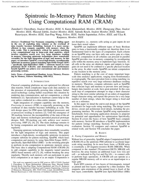 Pdf Spintronic In Memory Pattern Matching Using Computational Ram Cram