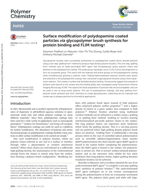 Pdf Surface Modification Of Polydopamine Coated Particles Via Glycopolymer Brush Synthesis For