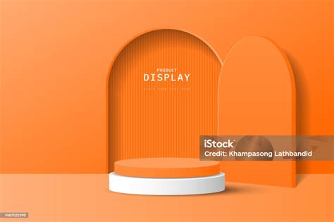 최소한의 장면 3d 배경 제품 디스플레이 연단 아치 문 모양의 수직 패턴이 있는 사실적인 주황색 및 흰색 3d 실린더 연단