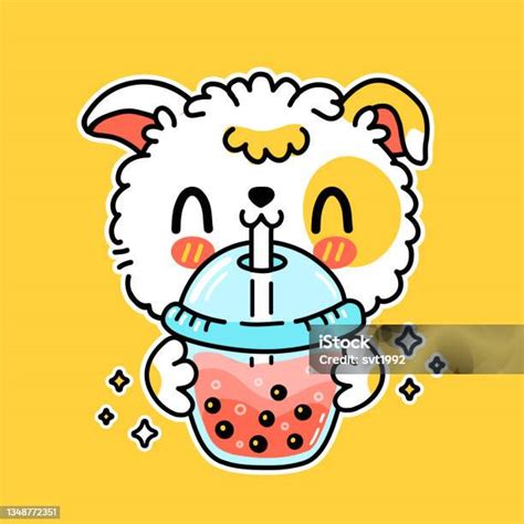 귀여운 재미있는 개는 컵에서 거품 차를 마십니다 벡터 핸드 그린 만화 가와이 캐릭터 일러스트 스티커 로고 아이콘 아시아 보바 강아지 개 버블 티 드링크 만화 캐릭터 포스터