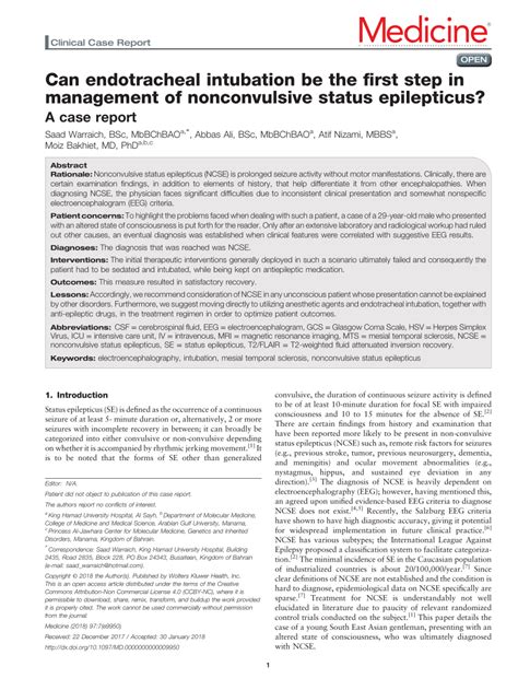 Pdf Can Endotracheal Intubation Be The First Step In Management Of Nonconvulsive Status