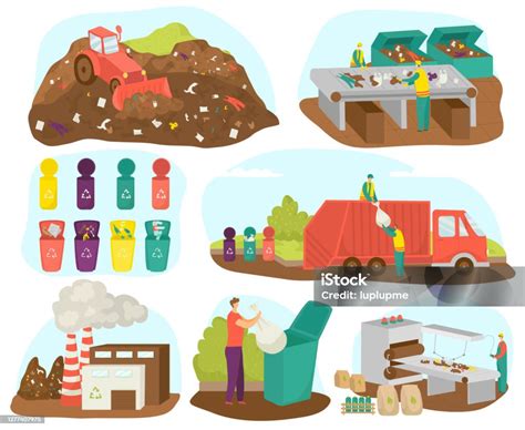 폐기물 쓰레기 분류 및 벡터 일러스트레이션 의 재활용 세트 재료 및 공장 폐기물 관리 및 재활용 개념 분리 공장 산업 건물에 대한 스톡 벡터 아트 및 기타 이미지 Istock