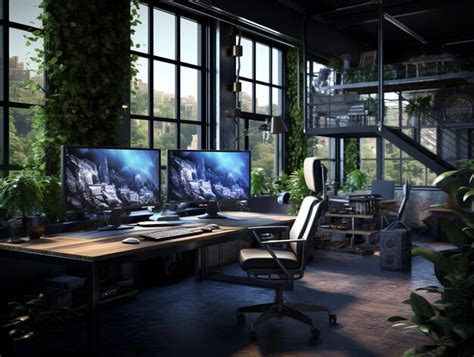 Premium Ai Image There Is A Computer Desk With Two Monitors And A Keyboard Generative Ai