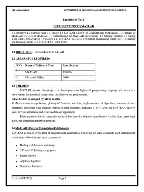 Exp 1 Intro Pdf Matlab Computer File