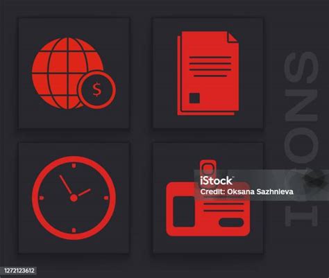 설정 식별 배지 달러 기호와 지구 지구 파일 문서 및 시계 아이콘 벡터 0명에 대한 스톡 벡터 아트 및 기타 이미지 0명