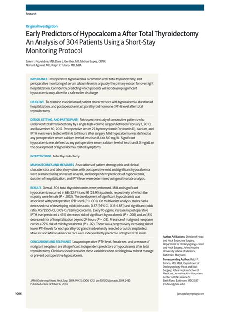 Early Predictors Of Hypocalcemia After Total Thyroidectomy Nov 2014 Pdf Medical