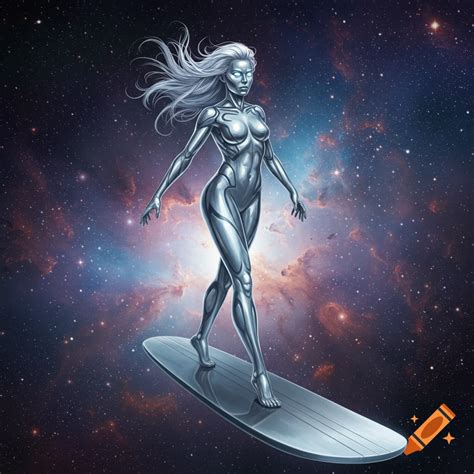 A Silver Skinned Superhero The Silver Surfer Glides On His Surfboard