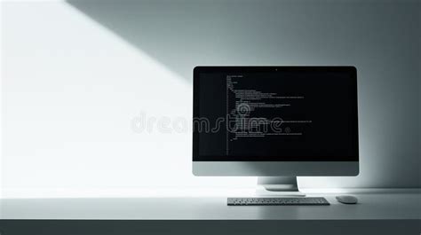 A Modern Desktop Computer With A Black Screen Displaying Lines Of Code Sits On A Sleek White