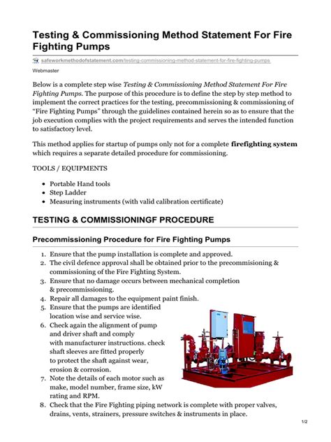 Testing And Commissioning Method Statement For Fire Fighting Pumps Pdf Pump Firefighting
